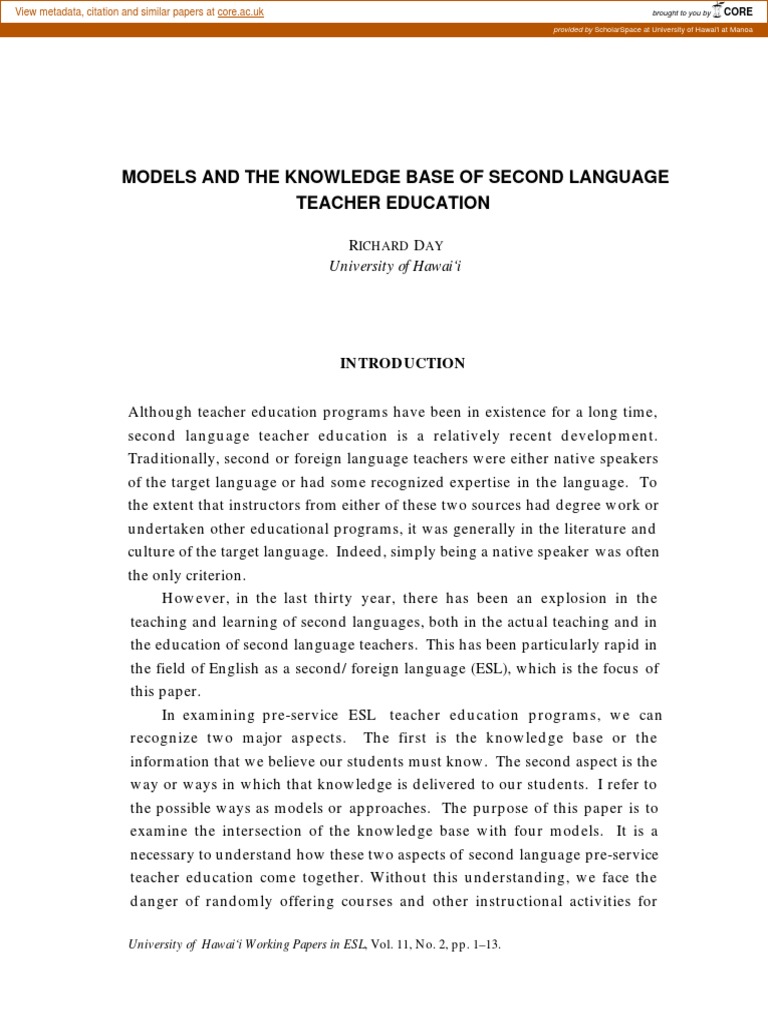 Models and Knowledge in Second Language Teacher Education: Examining ...