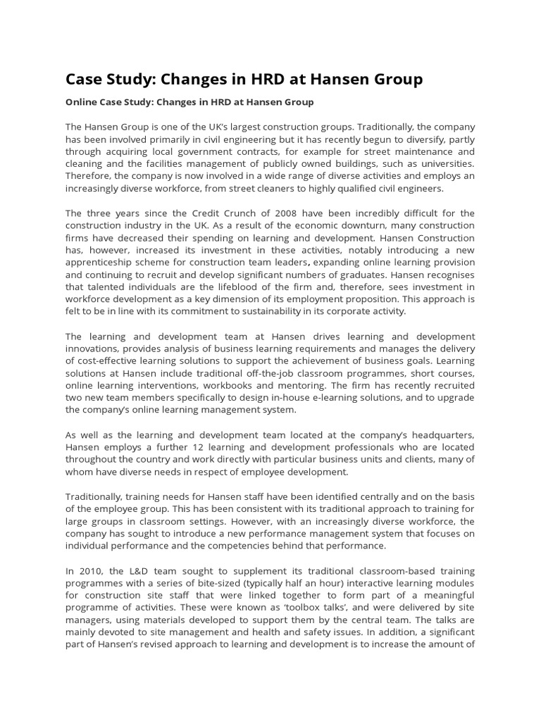 Online Case Study: Changes in HRD at Hansen Group | PDF | Educational Technology | Employment