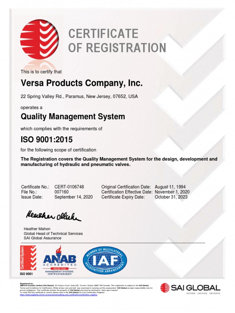 Versa Products Company ISO 90012015 Certification | PDF