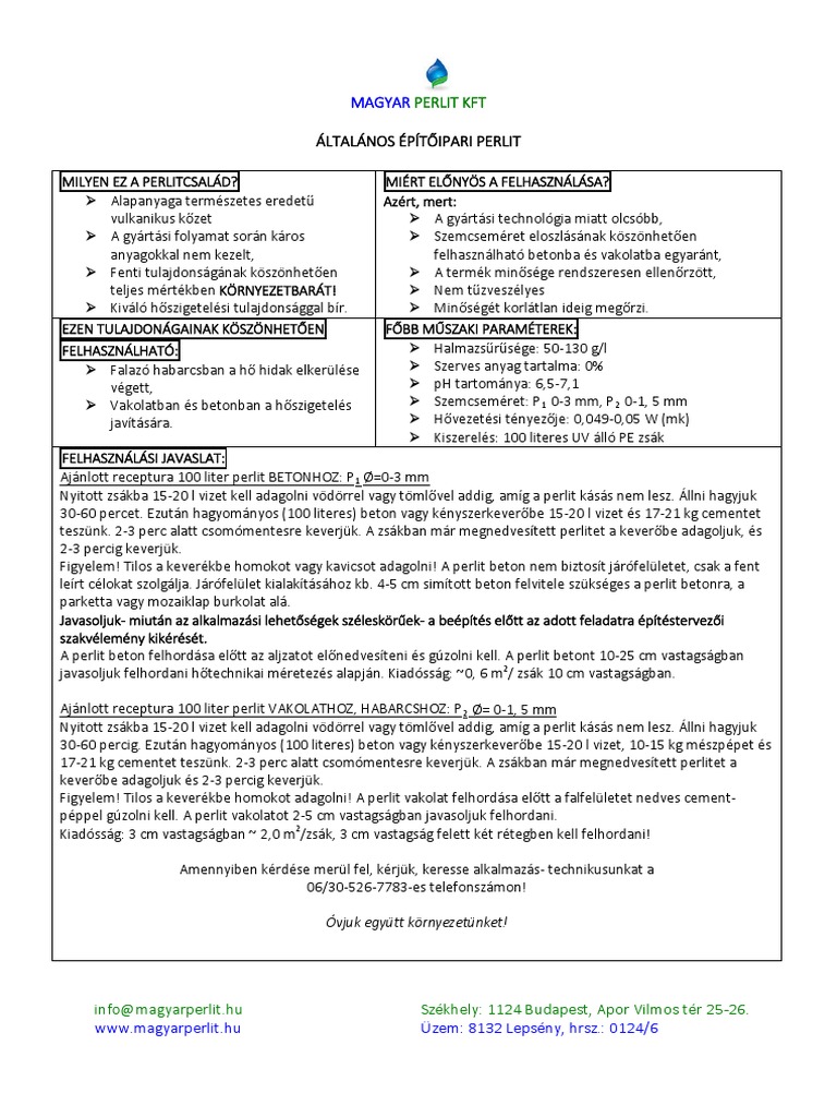 Altalanos Epitoipari Perlit Receptura | PDF