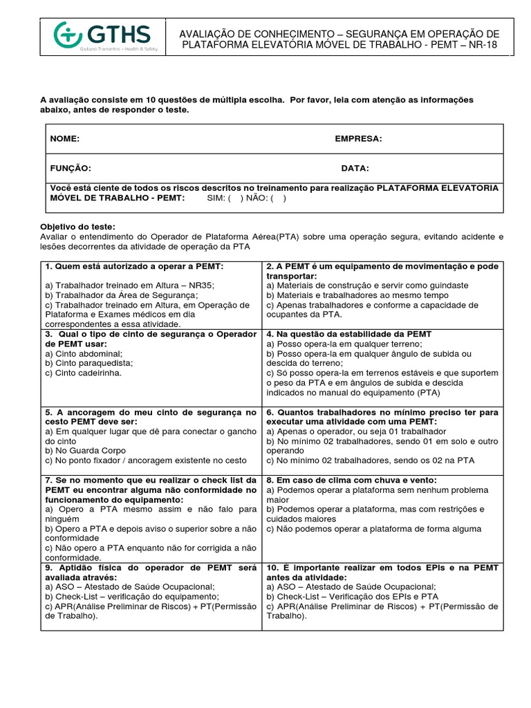 Prova NR-18 - Pemt - 2020 | PDF