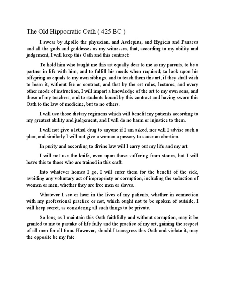 The Old Hippocratic Oath | PDF | Patient | Applied Ethics