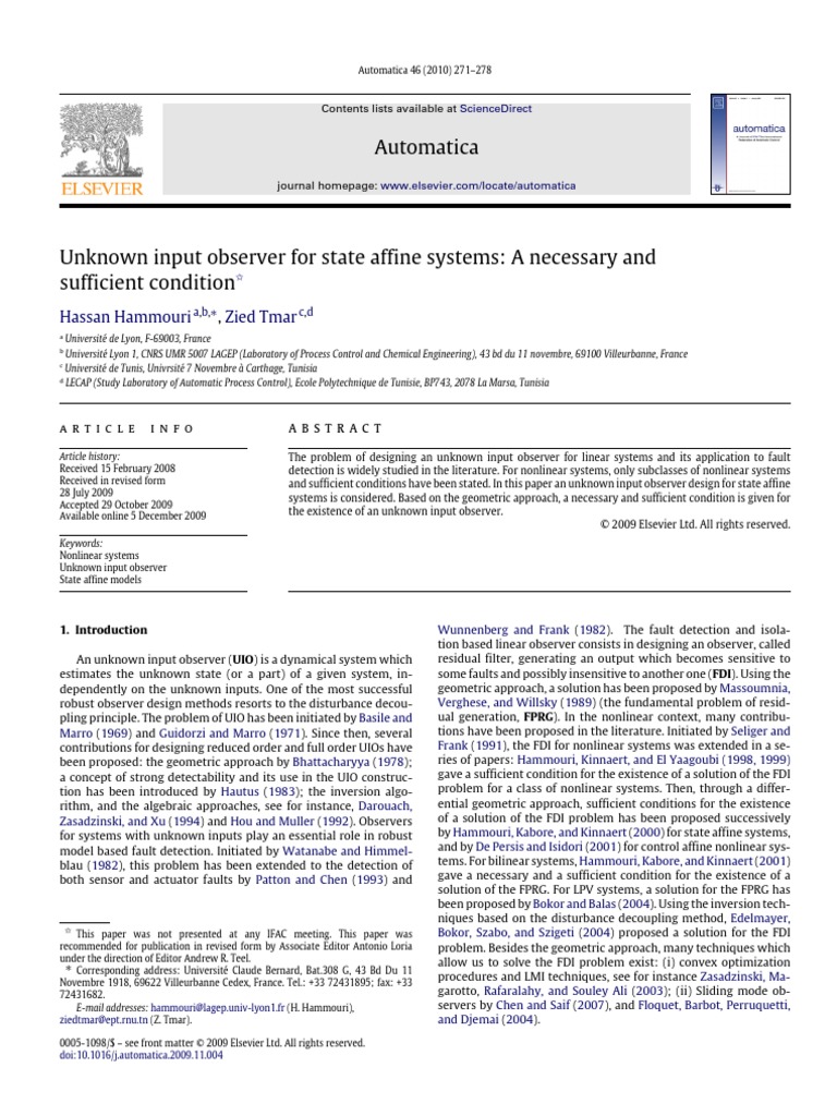 Unknown Input Observer For State Affine Systems A Necessary and ... Unknown Input Observer For State Affine Systems A Necessary and ...