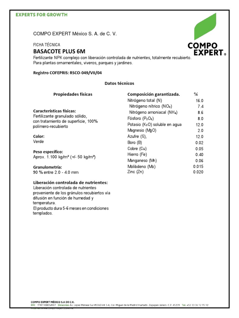 Ficha Técnica Basacote Plus 6M | PDF | Fertilizante | Conjuntos de ...