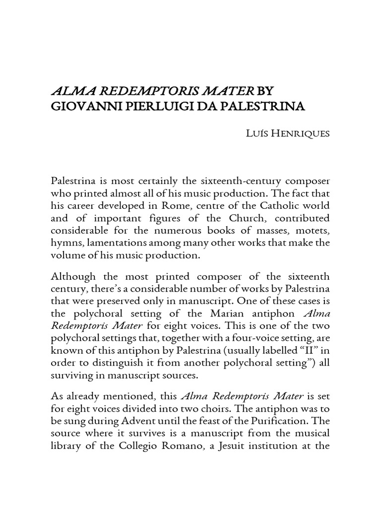 Palestrina's Alma Redemptoris Mater Analysis | PDF | Choir | Performing ...