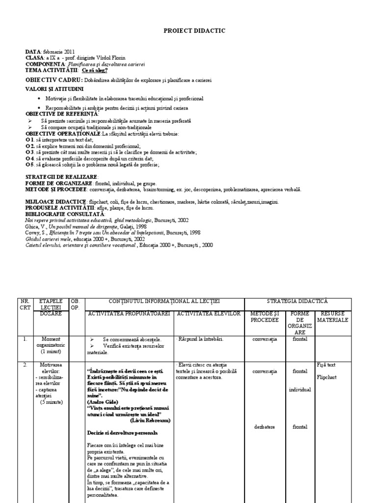 Proiect Didactic - Dirigentie - Ce Sa Alegi | PDF