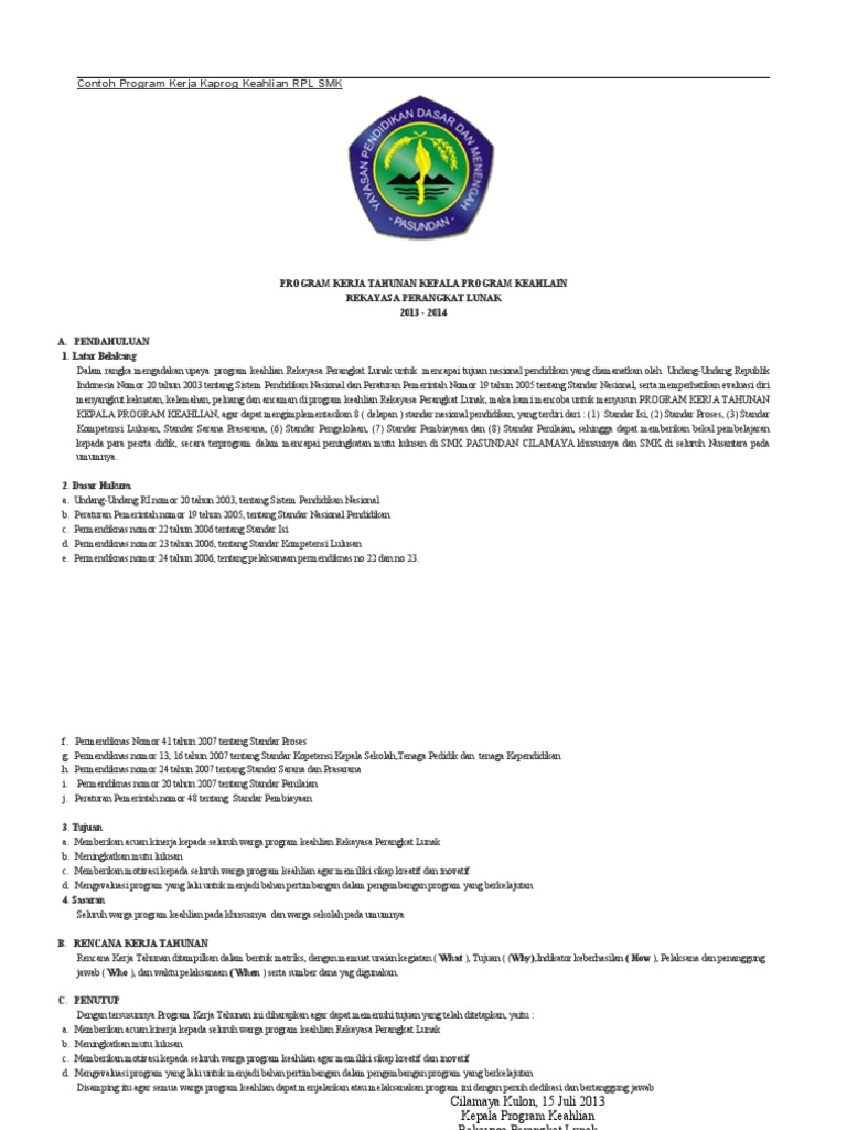 Contoh Program Kerja Kaprog Keahlian RPL SMK | PDF