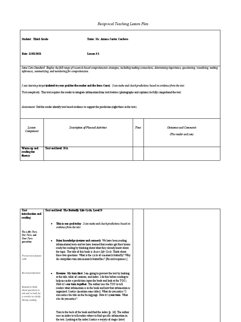 Reciprocal Teaching Lesson Plan: Inferences, Summarizing, and ...