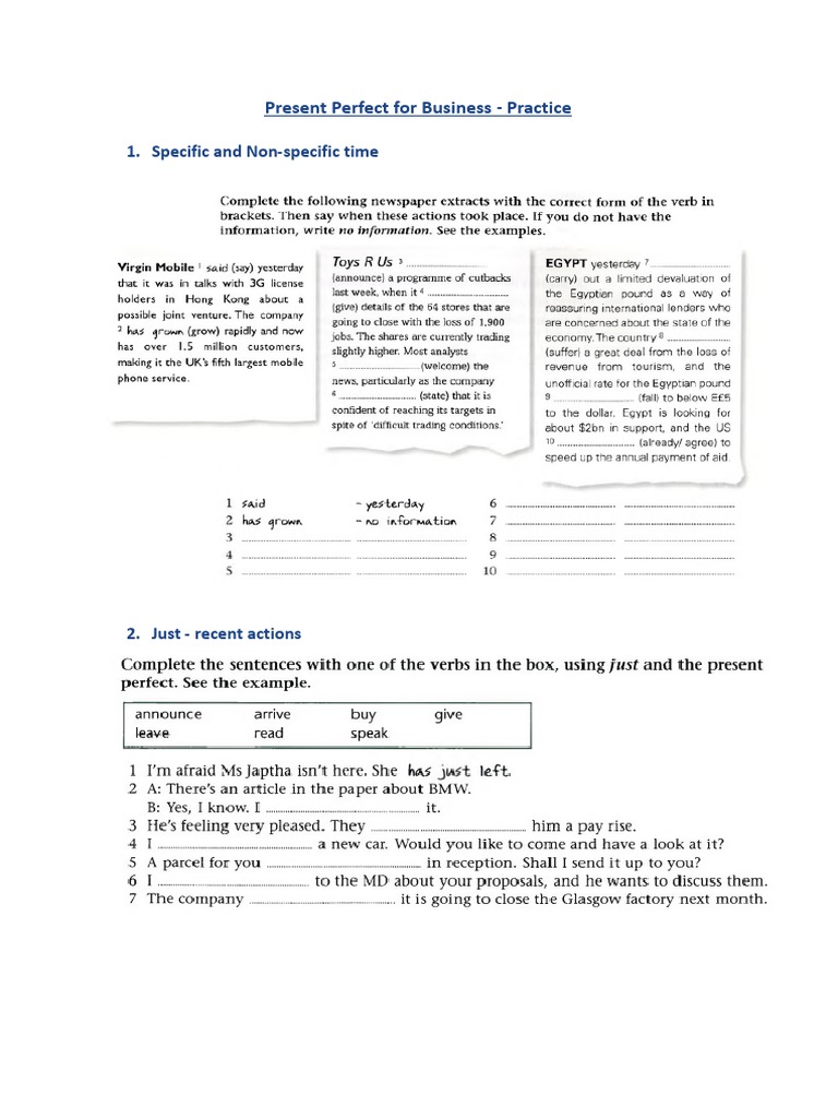 Present Perfect for Business Practice Guide | PDF