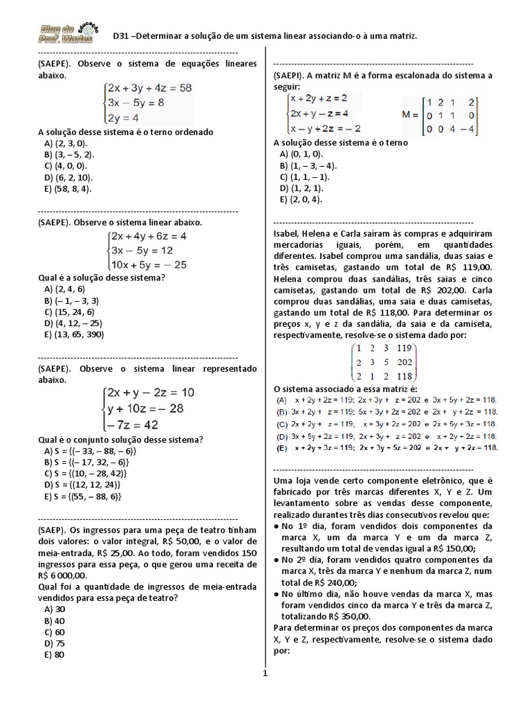 D31 (3 Série - EM - Mat.) - Blog Do Prof. Warles | PDF | Objetos ...