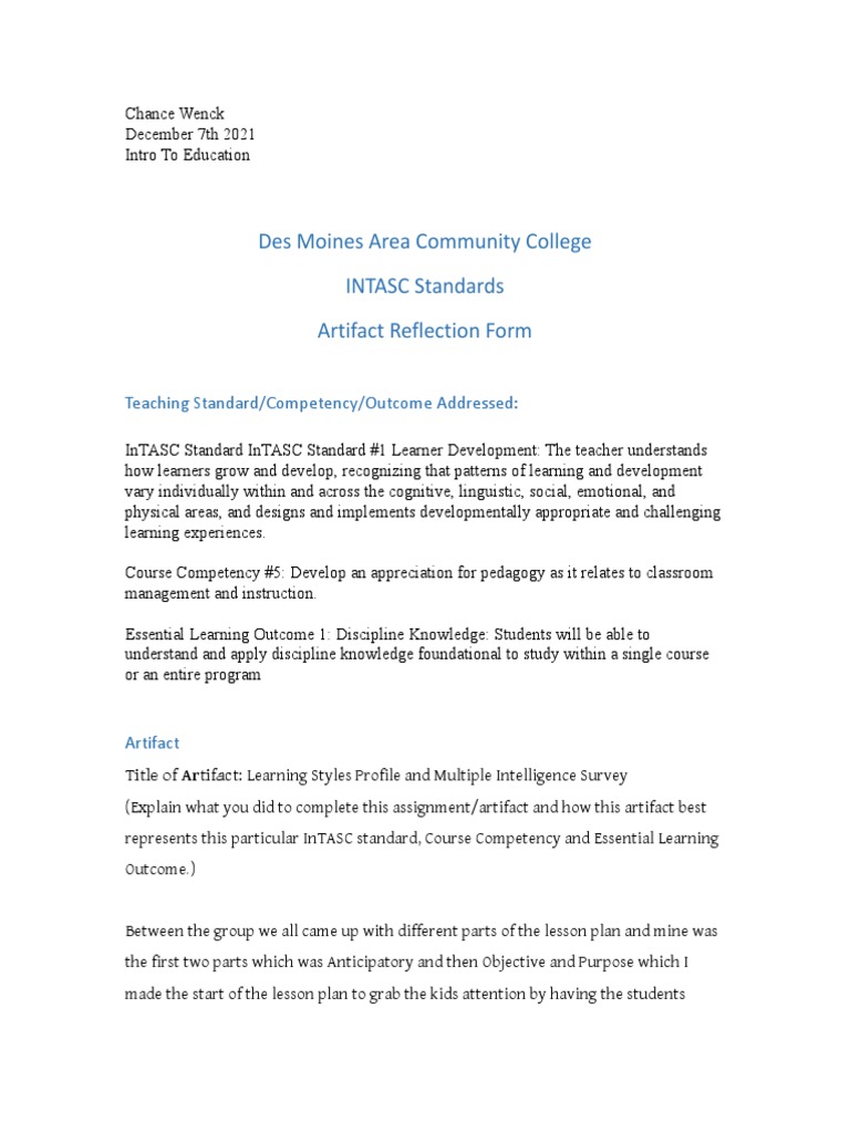 Des Moines Area Community College INTASC Standards Artifact Reflection ...