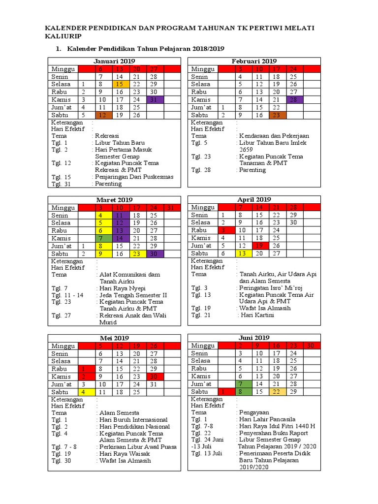 Kalender Pendidikan Dan Program Tahunan TK Pertiwi Kaliurip | PDF