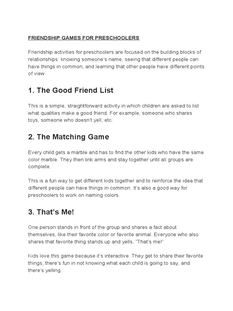 Friendship Games For Preschoolers | PDF