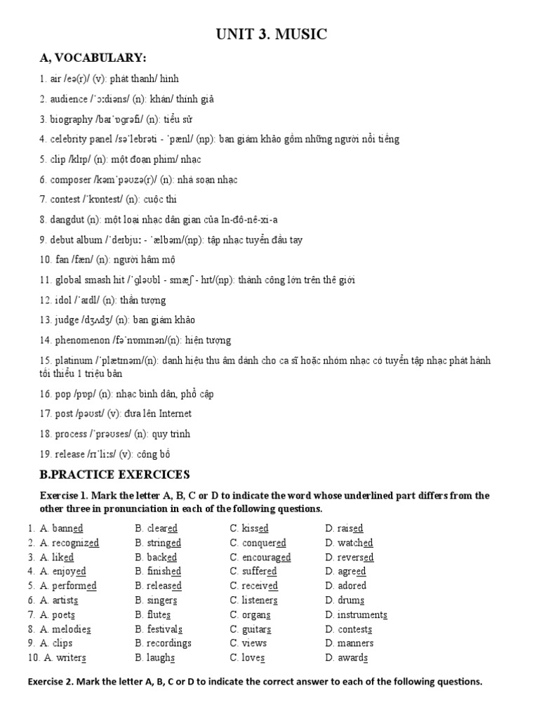 Unit 3. Music: A, Vocabulary | PDF | Vietnam