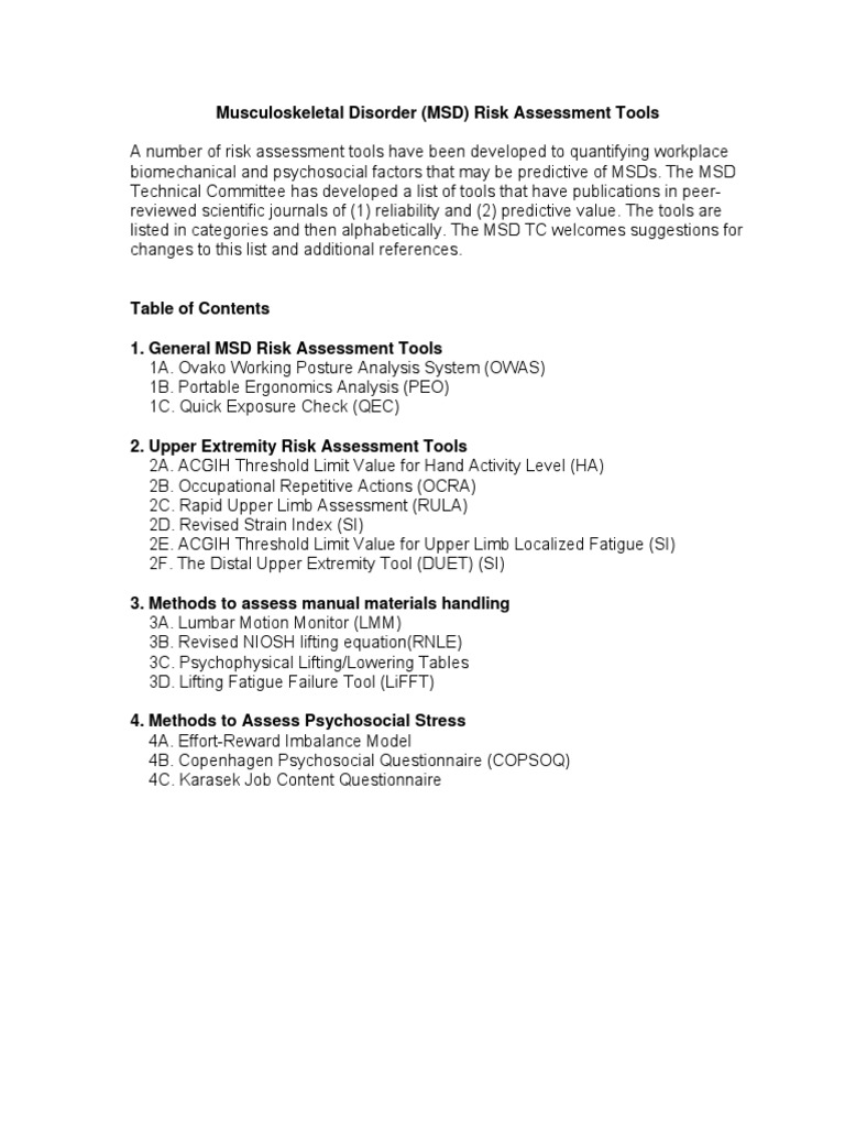 Musculoskeletal Disorder (MSD) Risk Assessment Tools | PDF | Human ...