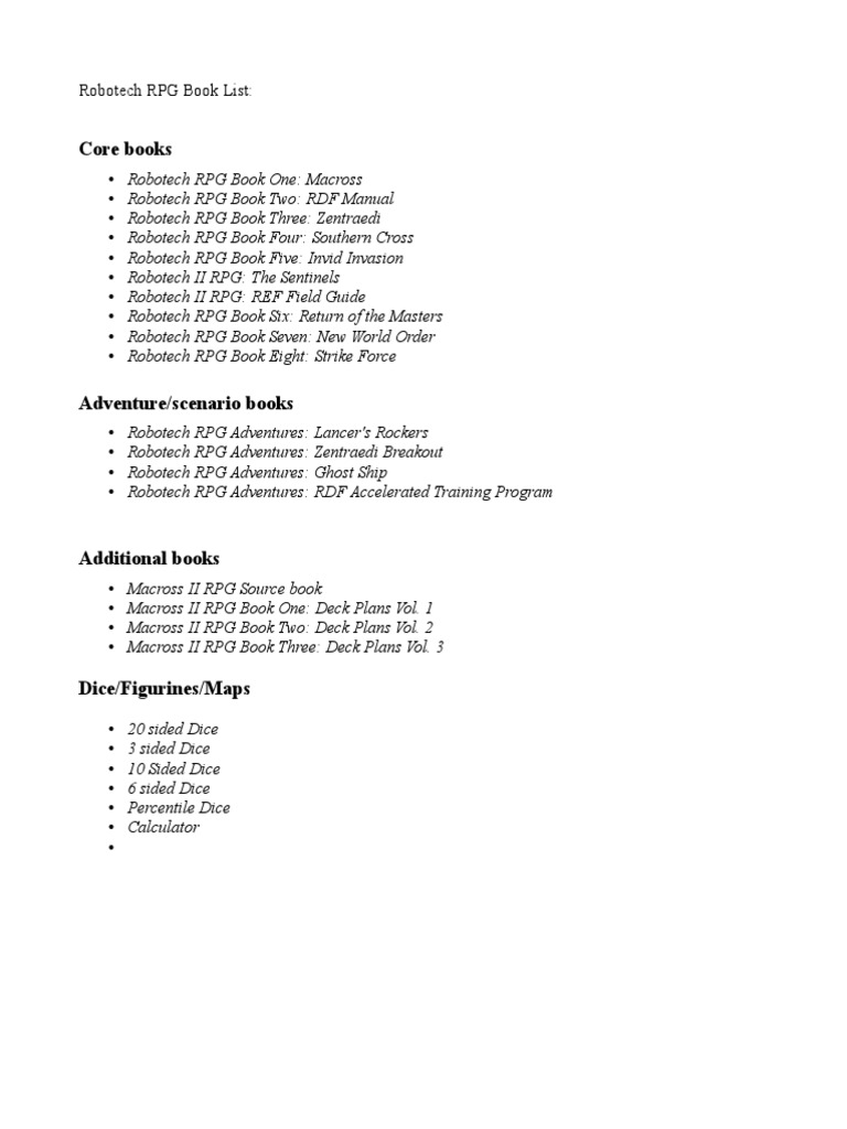 Core Books: Robotech RPG Book List | PDF | Media Industry | Speculative ...