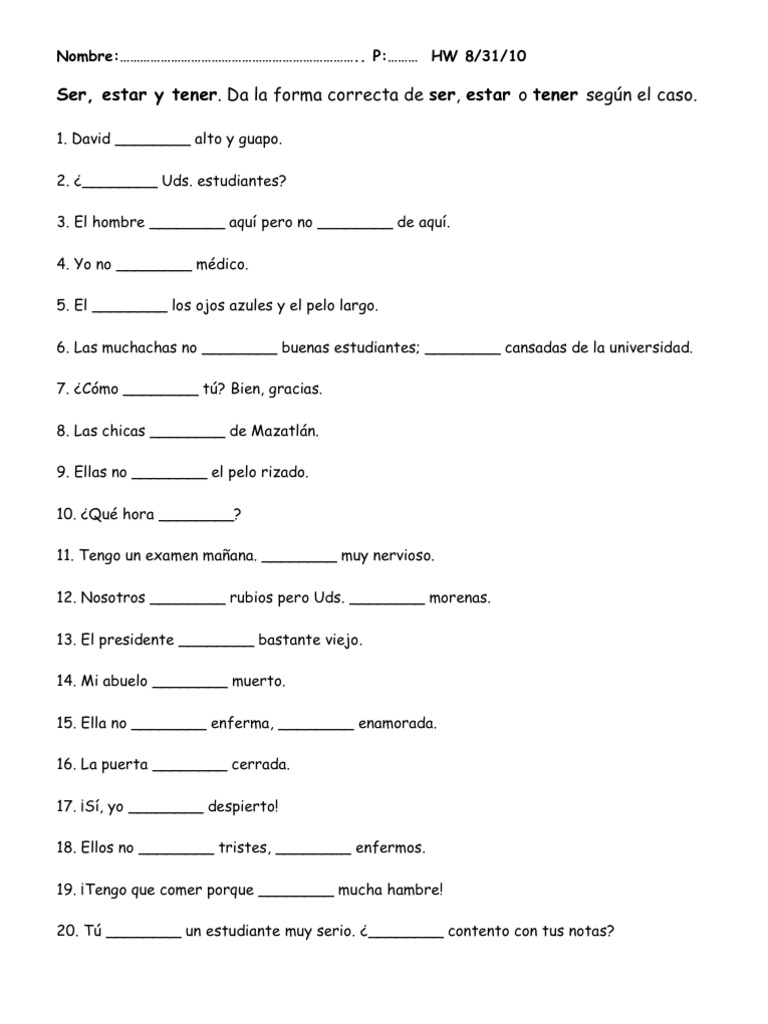 Ejercicio Ser - Estar- Tener | Ocio