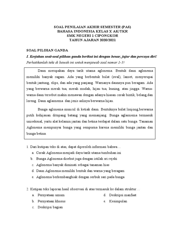 Soal PAS B. Indonesia KLS X 2020 | PDF | Seni & Disiplin Bahasa
