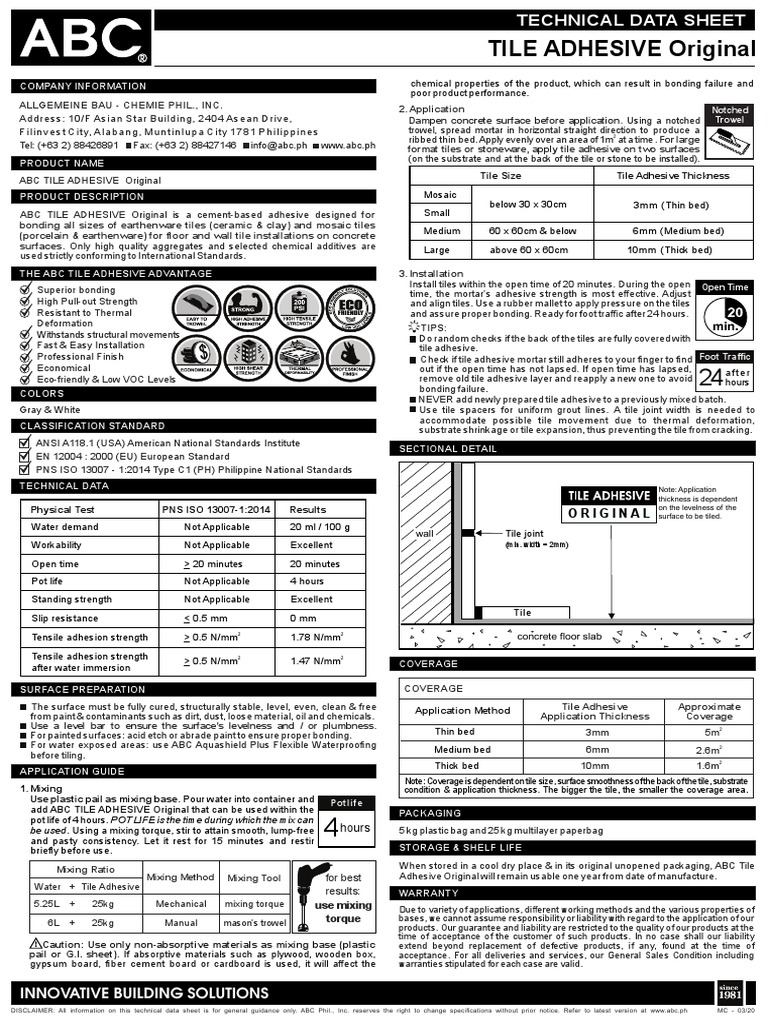 Tile Adhesive Original Technical Data Sheet 2020 | PDF | Tile | Adhesive
