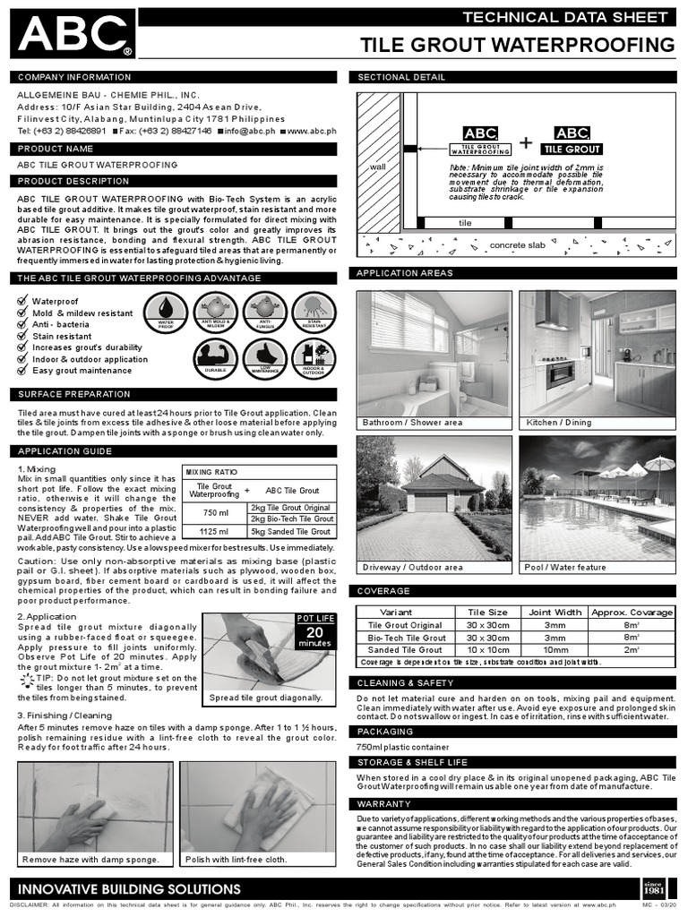 Abc Tile Grout Waterproofing Technical Data Sheet 2020 | PDF | Tile | Building Materials