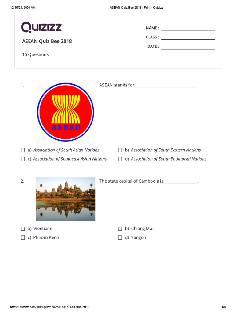 ASEAN Quiz Bee 2018 - Print - Quizizz | PDF | Thailand | Southeast Asia