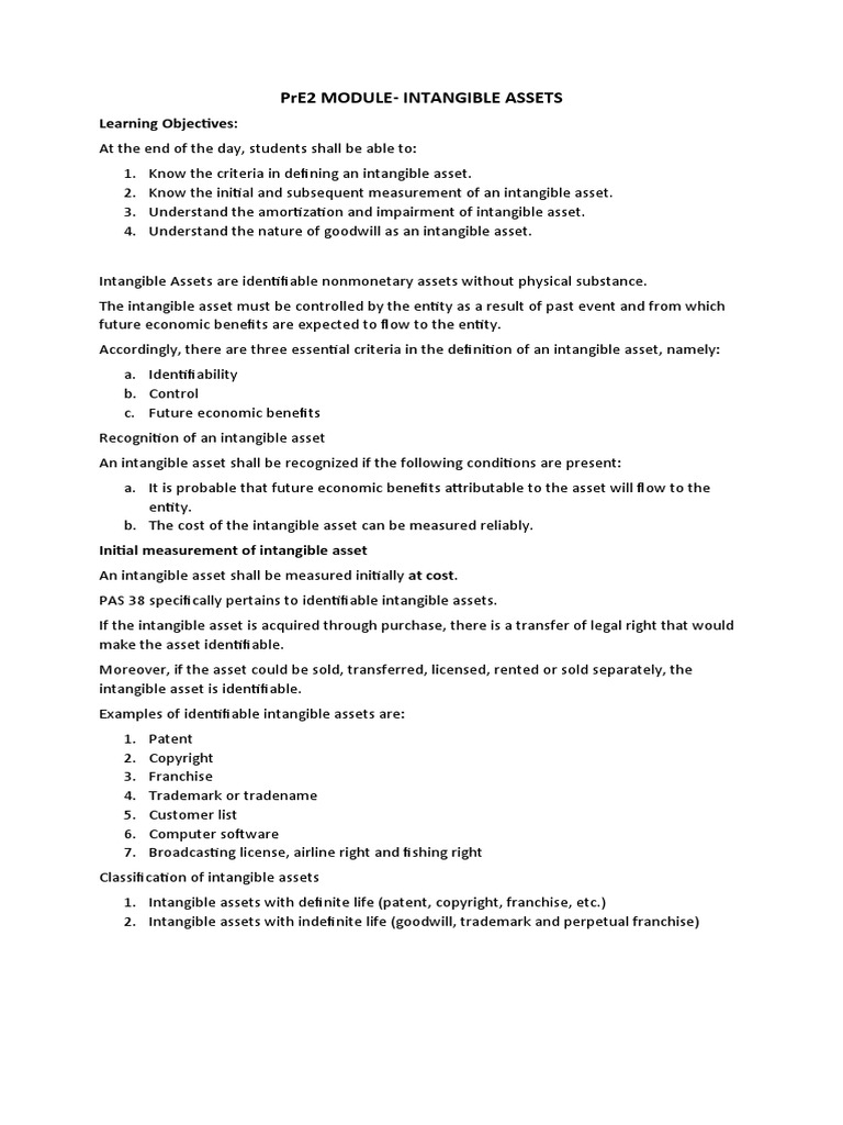 Pre2 Module-Intangible Assets: Learning Objectives | Download Free PDF ...