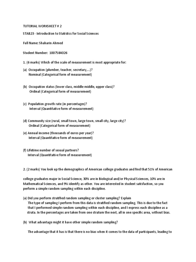 Tutorial Worksheet #2 | PDF | Sampling (Statistics) | Statistics