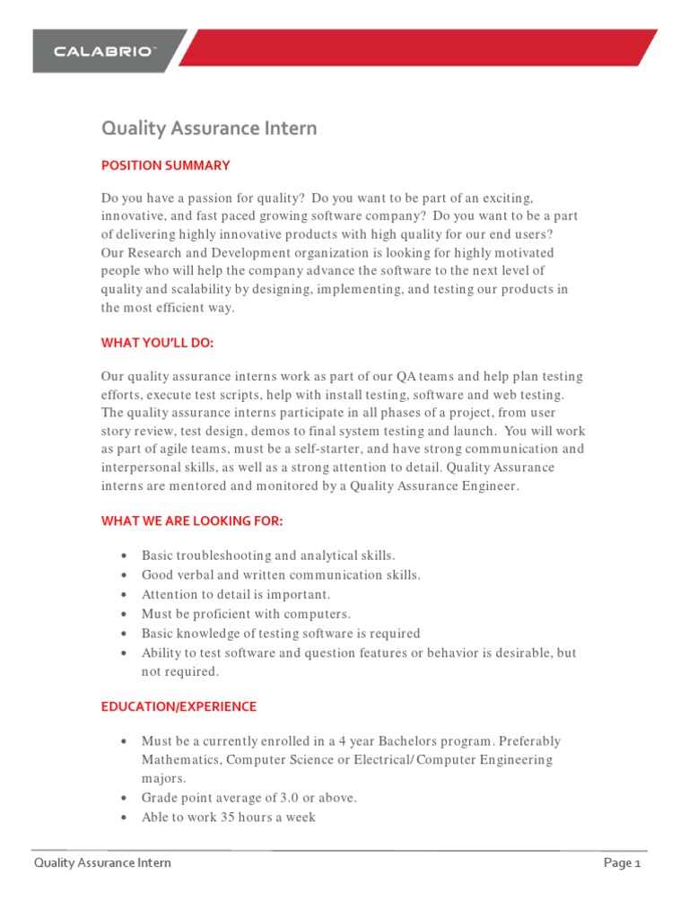 Quality Assurance Intern: Position Summary | PDF | Software | Employment