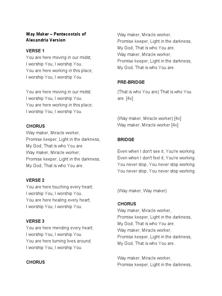 Verse 1: Way Maker - Pentecostals of Alexandria Version | PDF | Miracle ...
