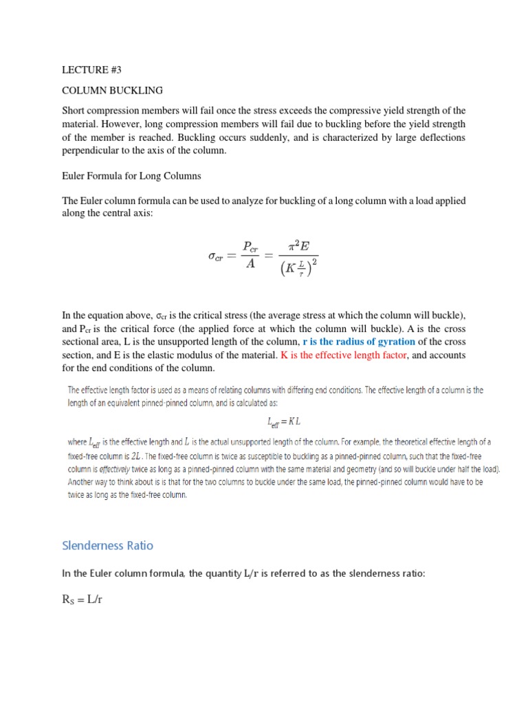 Slenderness Ratio: K Is The Effective Length Factor | PDF | Buckling ...