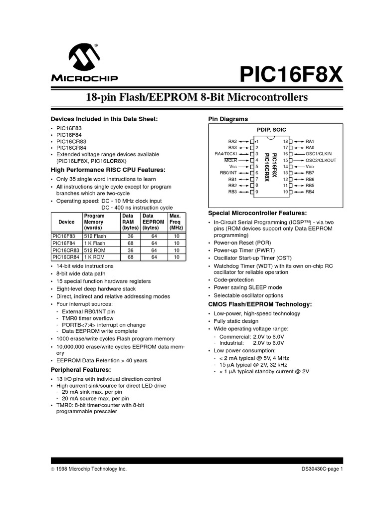 PIC16F8X: 18-Pin Flash/EEPROM 8-Bit Microcontrollers | PDF | Flash ...