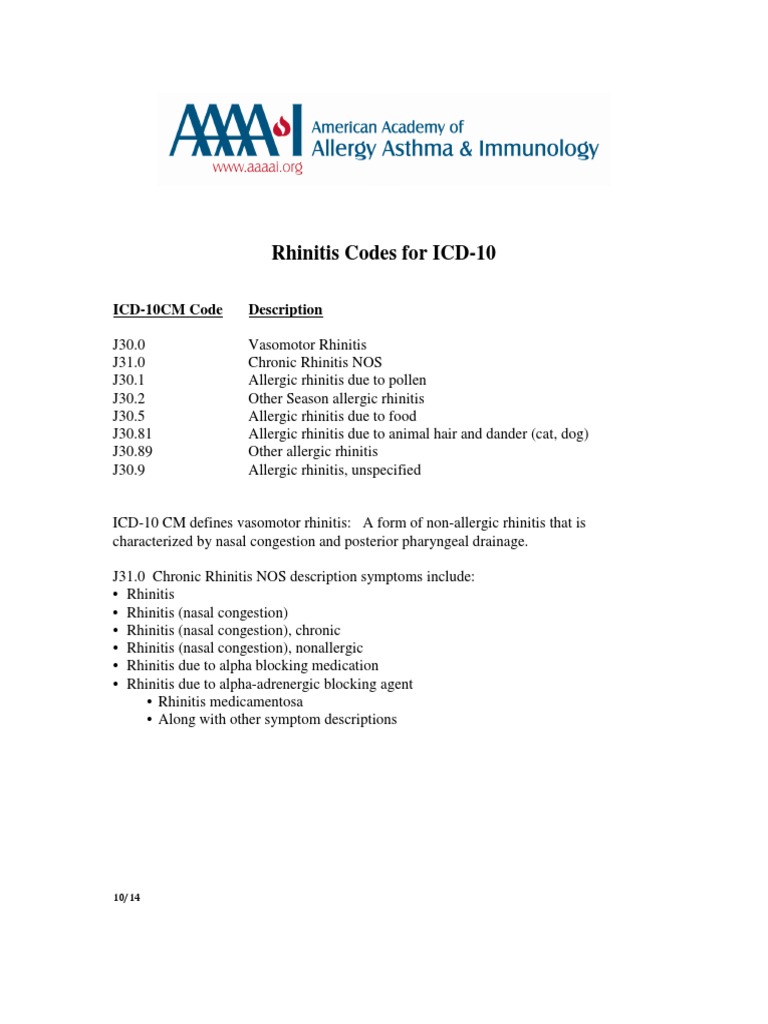 Rhinitis Codes For ICD-10: ICD-10CM Code Description | PDF