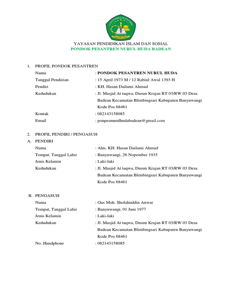 Profil Pondok, Pendiri Dan Pengasuh PP. Nurul Huda | PDF | Agama & Spiritualitas