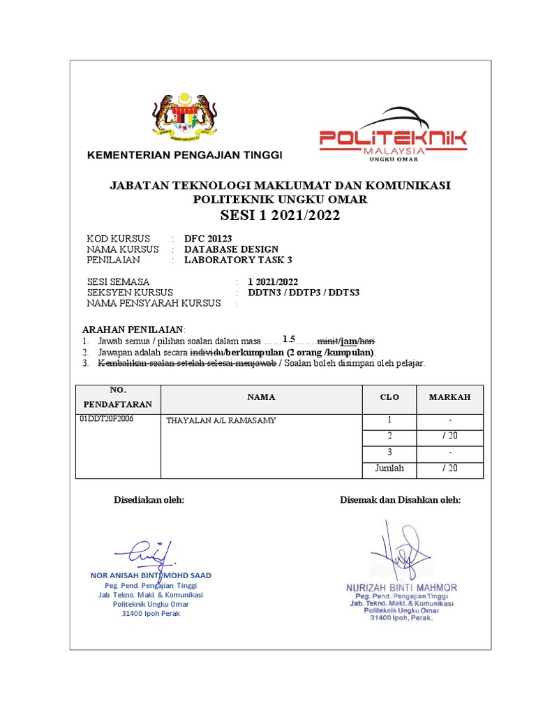 SESI 1 2021/2022: Jabatan Teknologi Maklumat Dan Komunikasi Politeknik Ungku Omar | PDF | Sql ...