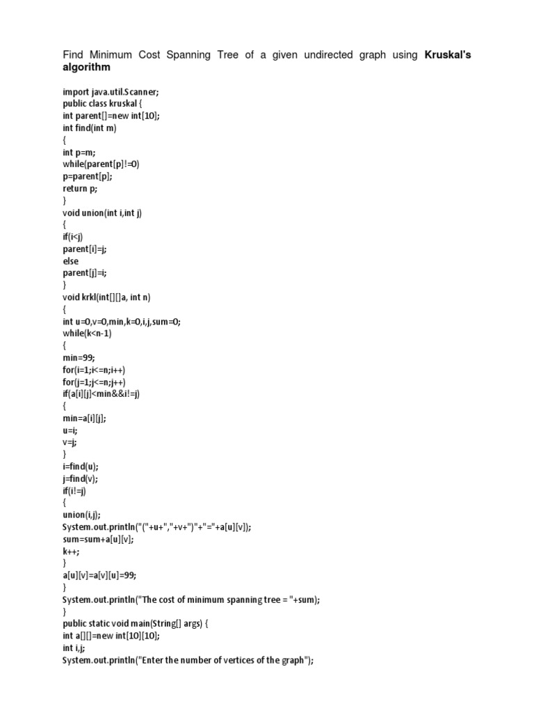 Algorithm: Find Minimum Cost Spanning Tree of A Given Undirected Graph ...
