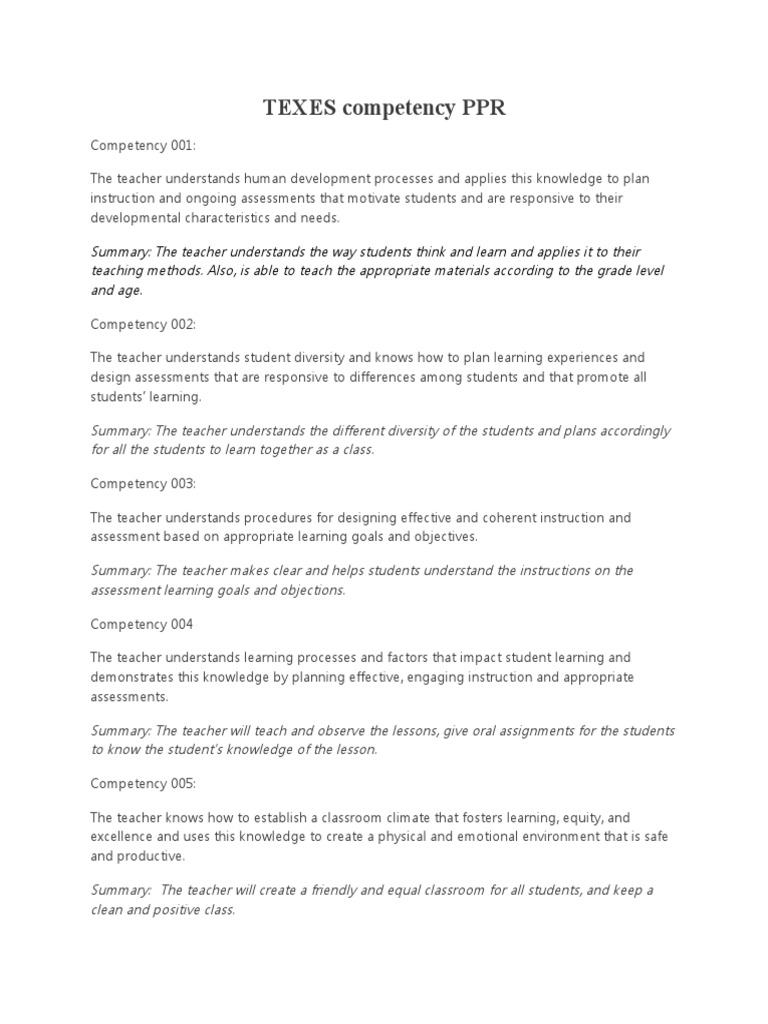 TEXES PPR Teacher Competencies Guide | PDF | Teachers | Competence ...