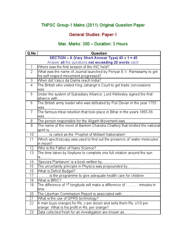 TNPSC Group 1 Main Exam Question Paper | PDF