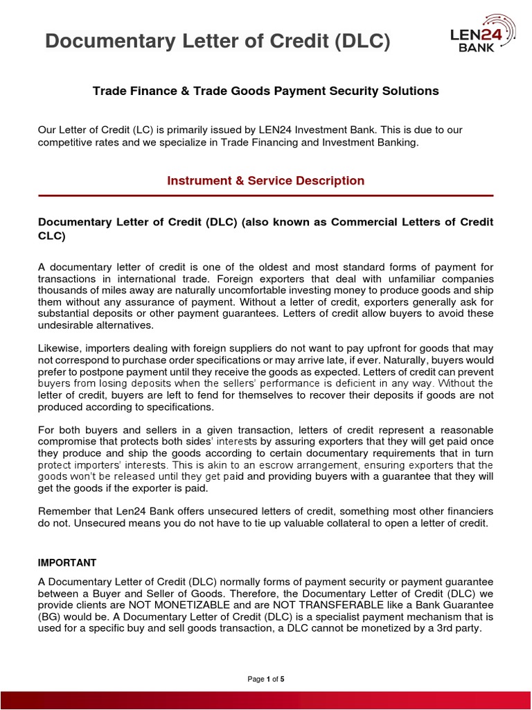 DLC - LEN24 Bank | PDF | Letter Of Credit | Finance & Money Management