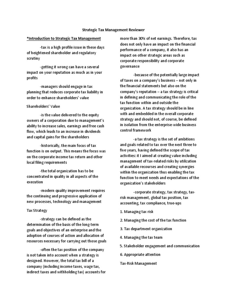 Strategic Tax Management: A Framework for Developing an Effective Tax ...