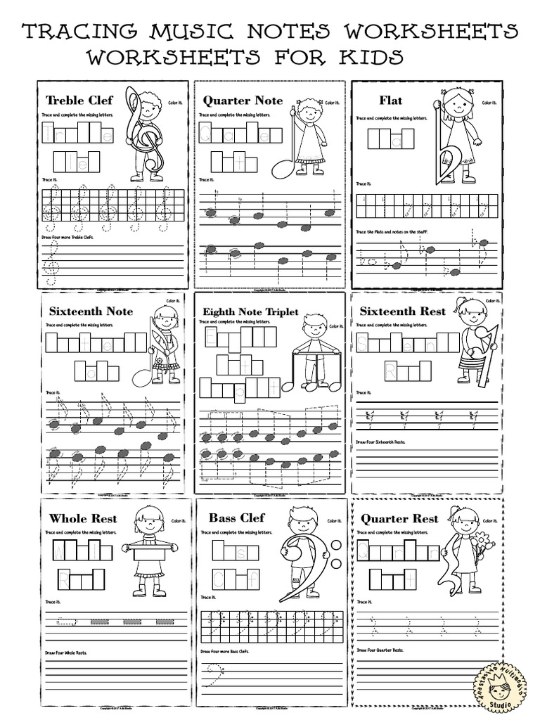 Tracing Music Notes Worksheets For Kids Preview | PDF