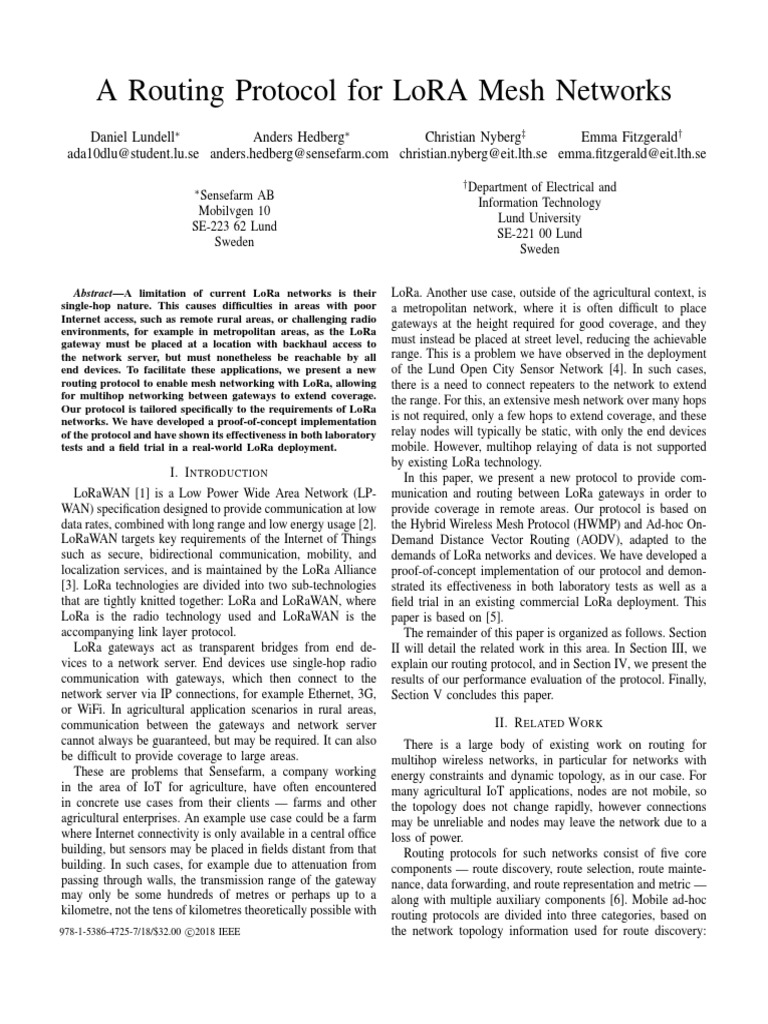 A Routing Protocol For Lora Mesh Networks | PDF | Routing | Computer ...