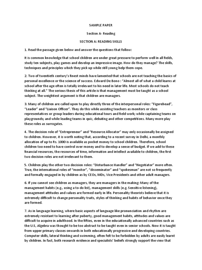 SAMPLE PAPER Class 11 English | PDF | Learning | Creativity