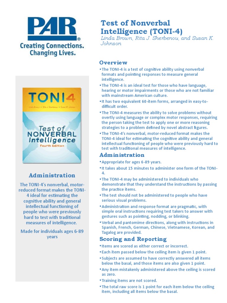 Test of Nonverbal Intelligence (TONI-4) : Administration | PDF ...