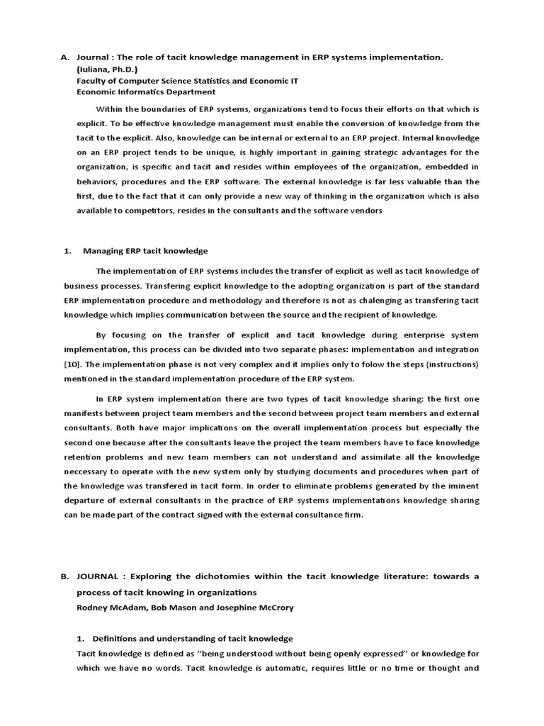 A. Journal: The Role of Tacit Knowledge Management in ERP Systems ...