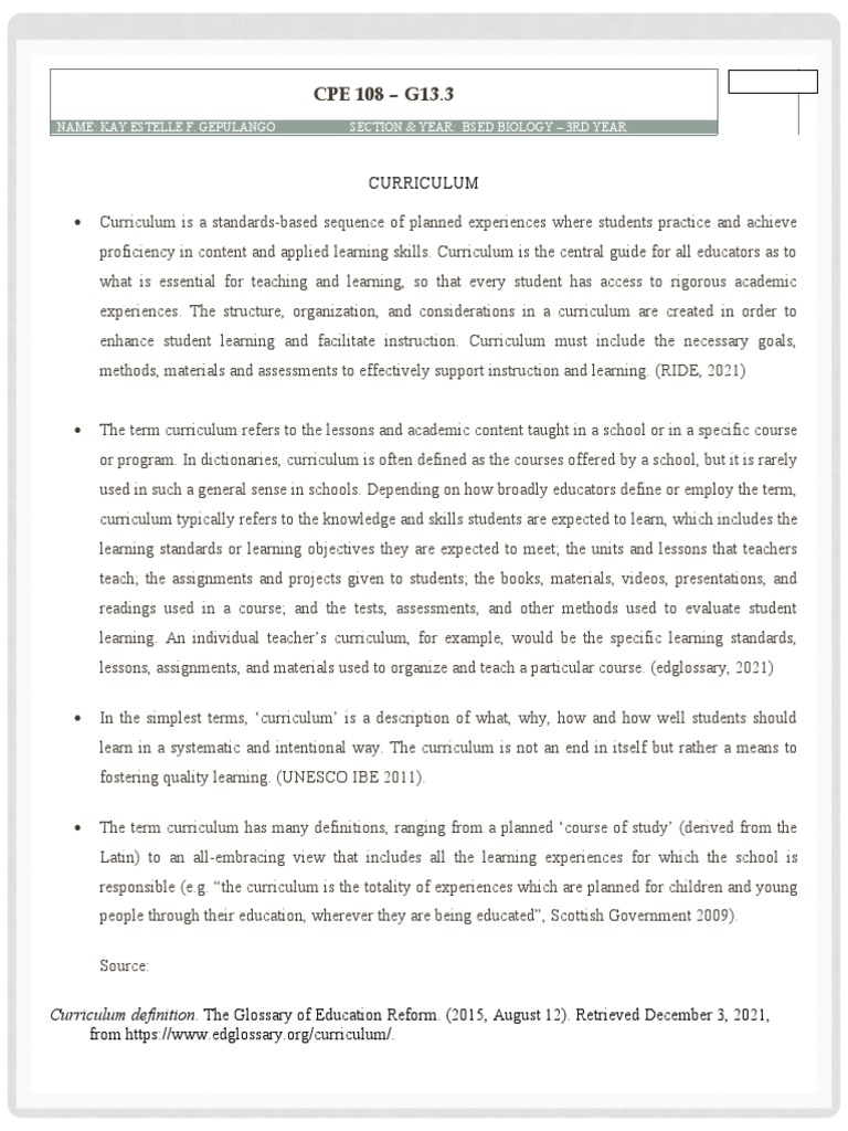 CPE 108 - G13.3: Curriculum | PDF | Curriculum | Educational Assessment