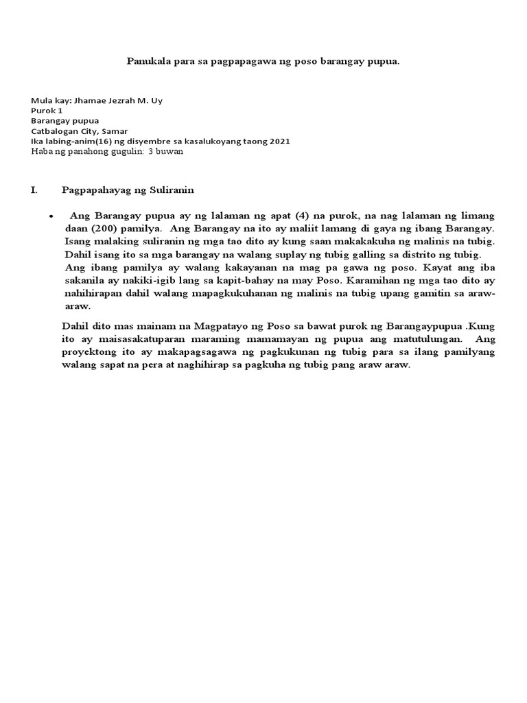 Panukala para Sa Pagpapagawa NG Poso Barangay Pupua | PDF Panukala para Sa Pagpapagawa NG Poso Barangay Pupua | PDF
