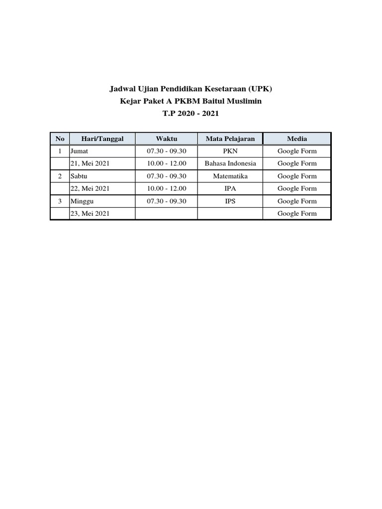 Jadwal Upk Paket A 20-21 | PDF