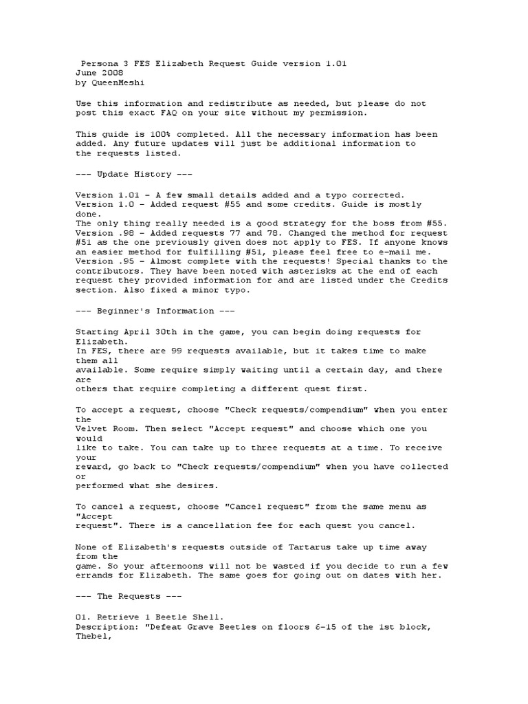 Persona 3 FES Elizabeth Request Guide Version 1 | PDF | Leisure | Sports