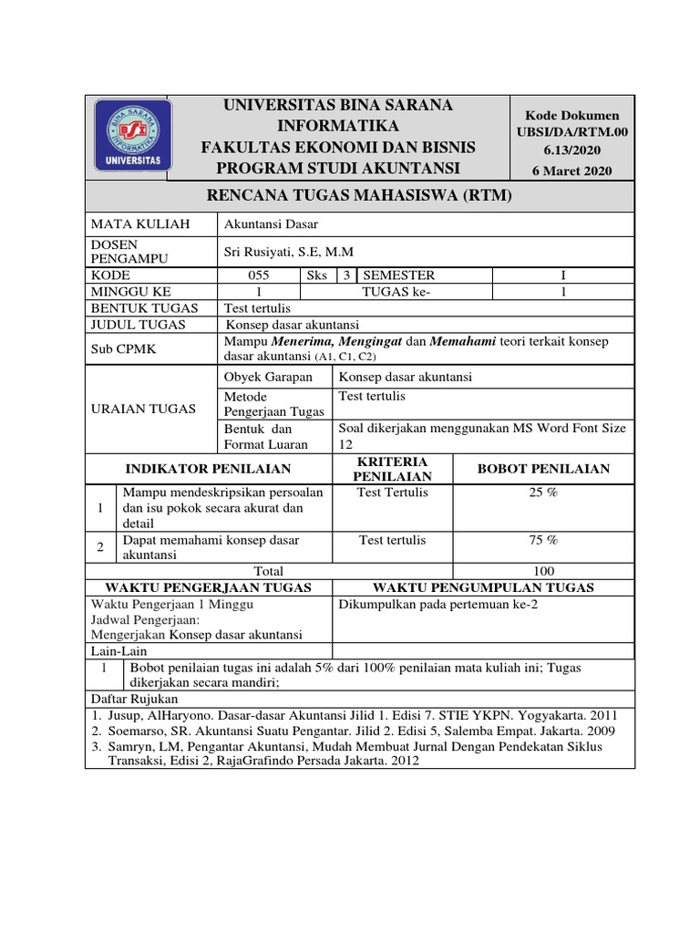 Tugas Akuntansi Dasar UBSI | PDF | Pengelolaan Keuangan & Uang ...