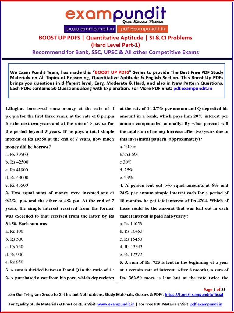BOOST UP PDFS - Quantitative Aptitude - SI & CI Problems (Hard Level Part-1) | Download Free PDF ...